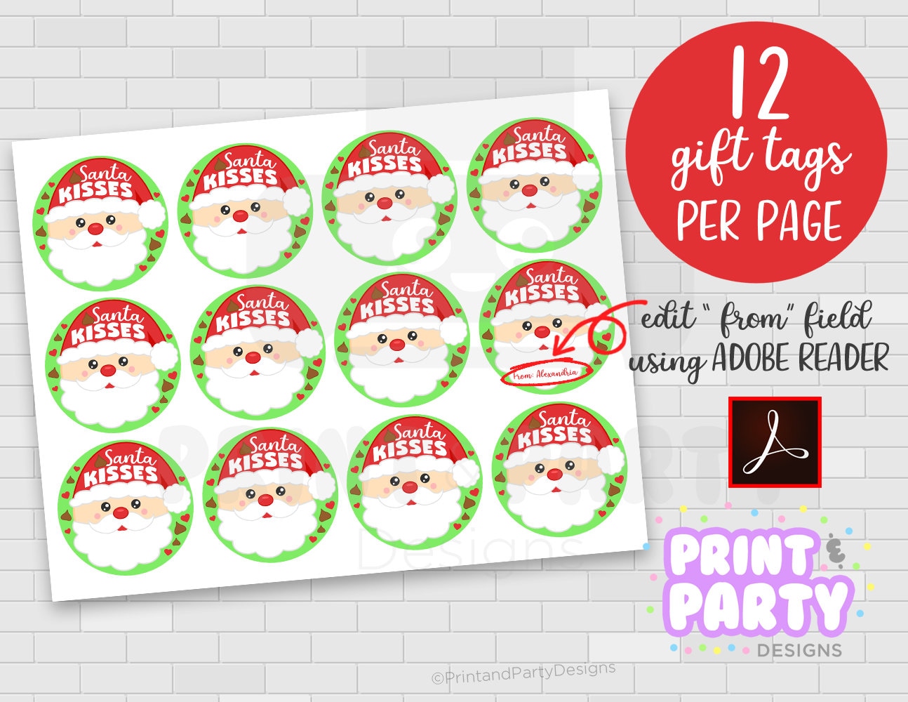 Printable Santa Kisses Christmas Party Favor Gift Tags, Holiday Party ...