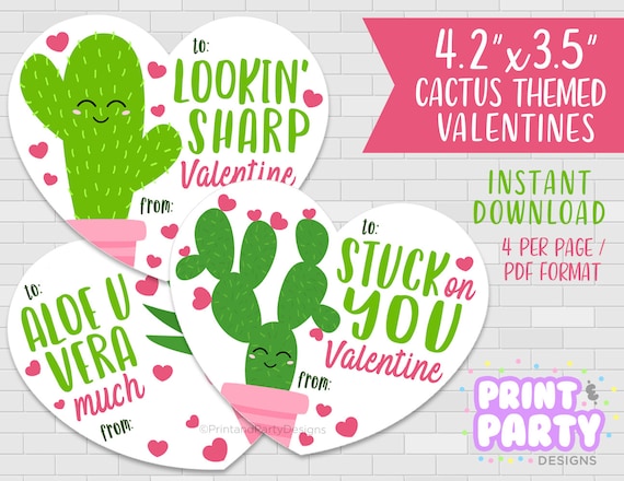 Printable Cactus Valentine's Day Cards for Kids, Succulent Valentines ...