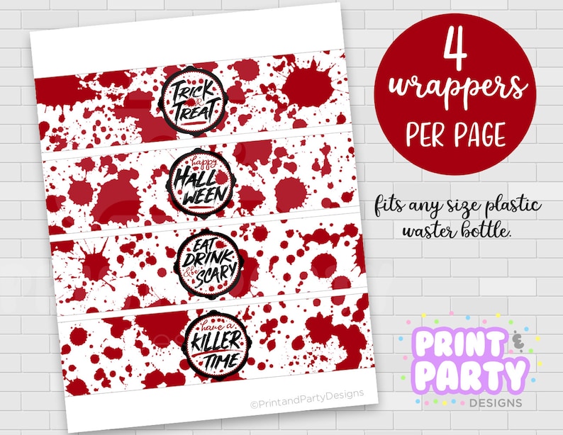 Printable Blood Splatter Halloween Water Bottle Labels, Halloween Party ...