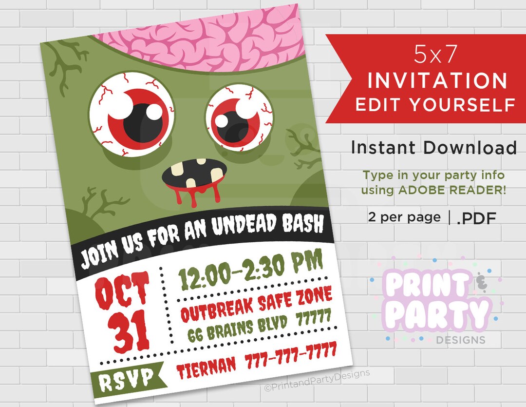 Printable Zombie Halloween Party Invitations, 5x7 Halloween Monster ...