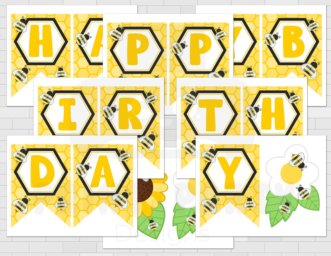 Printable Bumble Bee Happy Birthday Banner, Honey Bee Party Decorations ...