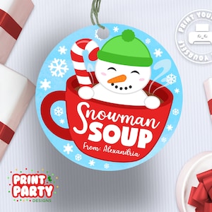 Printable Snowman Soup Christmas Party Favor Gift Tags, Holiday Party ...
