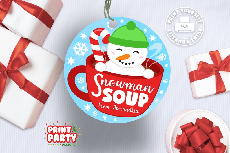 Printable Snowman Soup Christmas Party Favor Gift Tags, Holiday Party ...