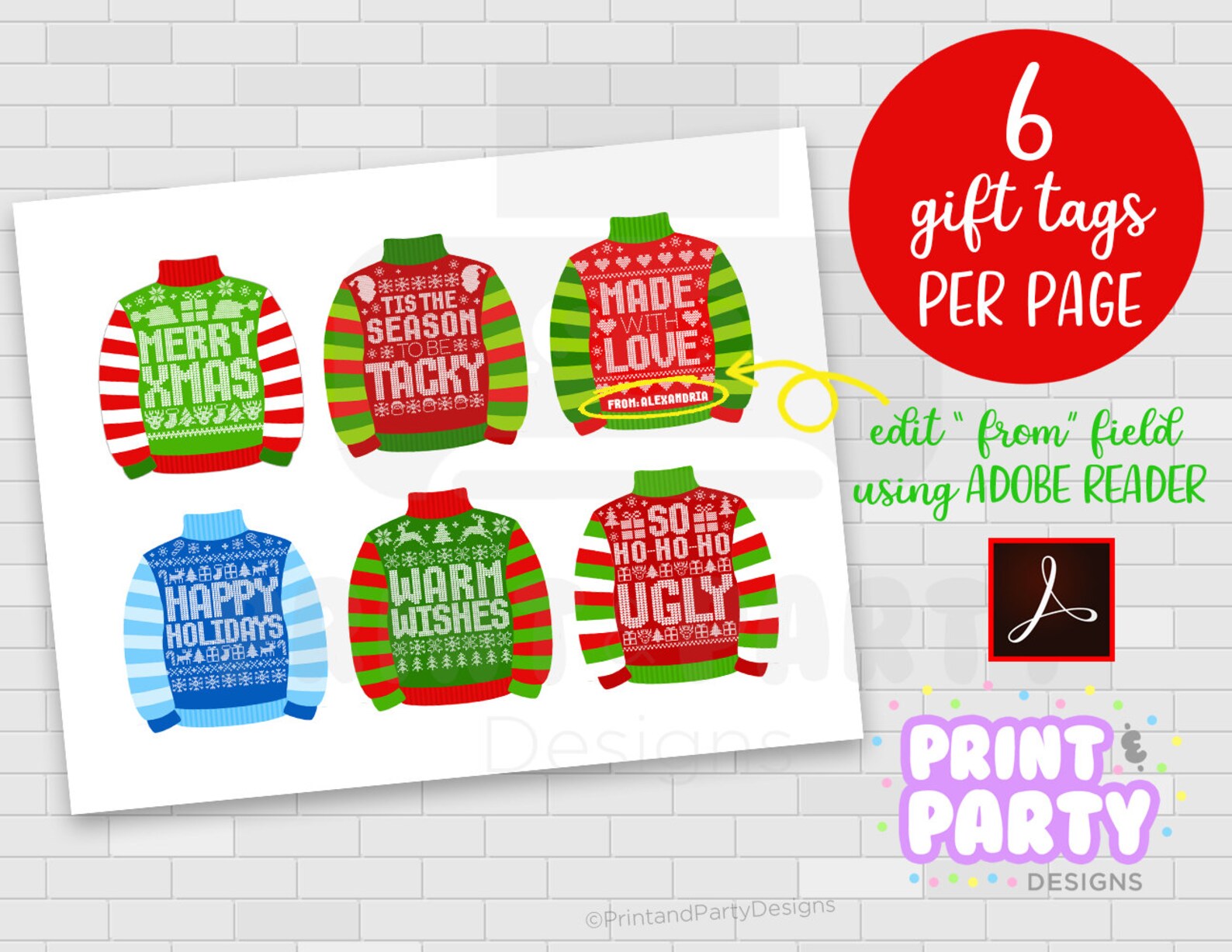 Printable Ugly Tacky Christmas Sweater Party Favor Gift Tags, Tacky ...