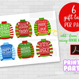 Printable Ugly Tacky Christmas Sweater Party Favor Gift Tags, Tacky ...