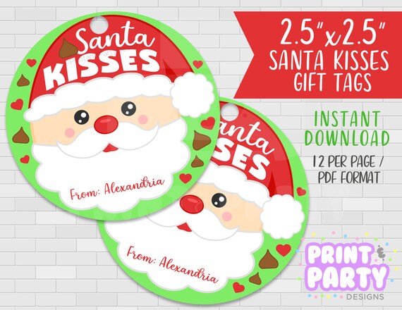 Printable Santa Kisses Christmas Party Favor Gift Tags, Holiday Party ...