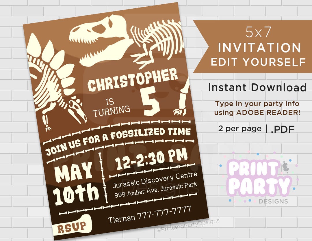 Printable Boy's Dinosaur Fossil Birthday Party Invitations, Dinosaur ...