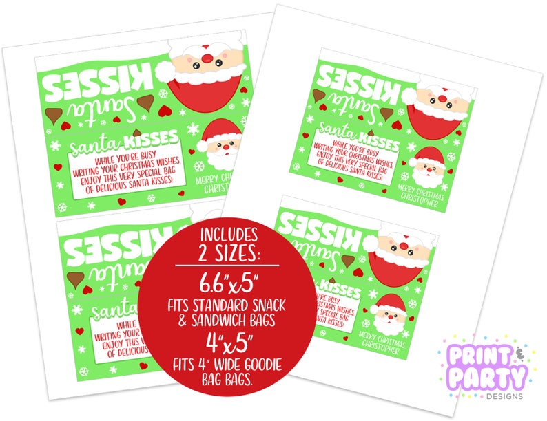 Printable Christmas Santa Kisses Treat Bag Toppers, Kid's Christmas ...