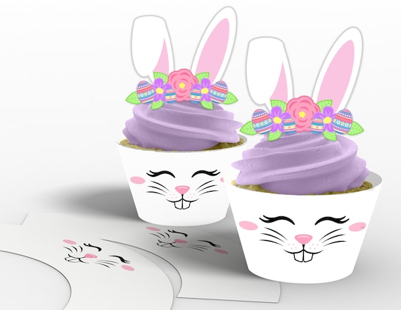 Printable Pastel Easter Bunny Ears Cupcake Toppers and Wrappers, Rabbit ...