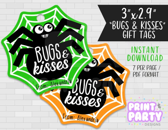 Printable Bugs and Kisses Halloween Party Favor Gift Tags, Spider ...