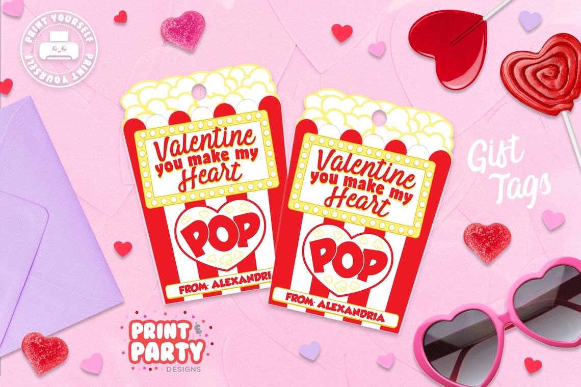 Printable You Make My Heart Pop Valentine's Day Gift Tags, Popcorn ...