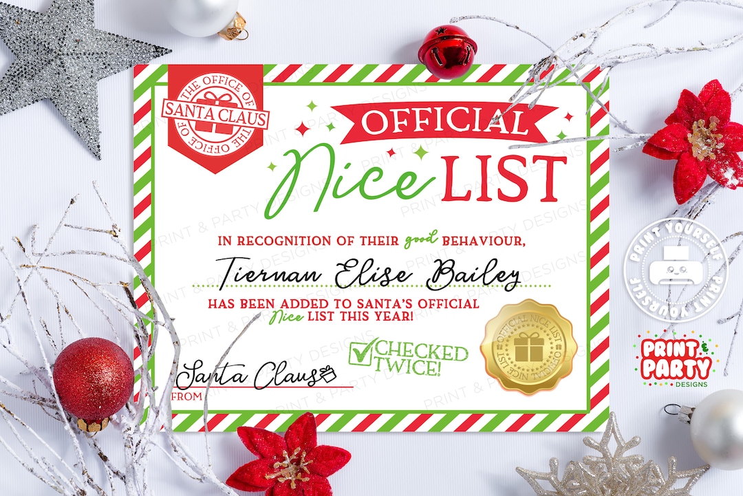 8.5x11 Printable Official Nice List Certificate From Santa Claus ...