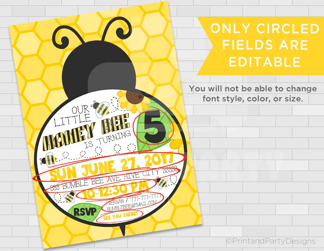 Printable Bumble Bee Birthday Party Invitations, Summer Honey Bee Party ...