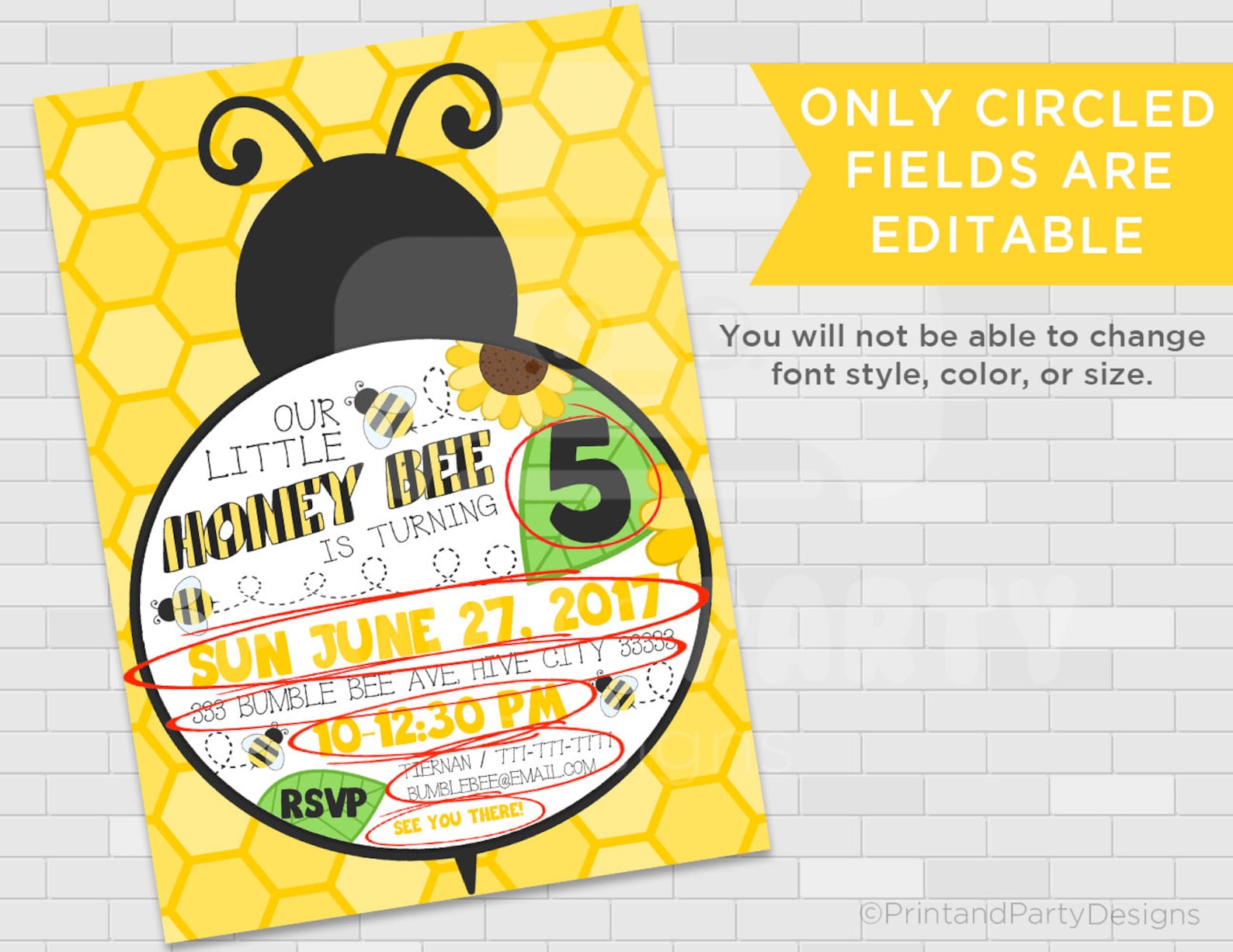 Printable Bumble Bee Birthday Party Invitations, Summer Honey Bee Party ...