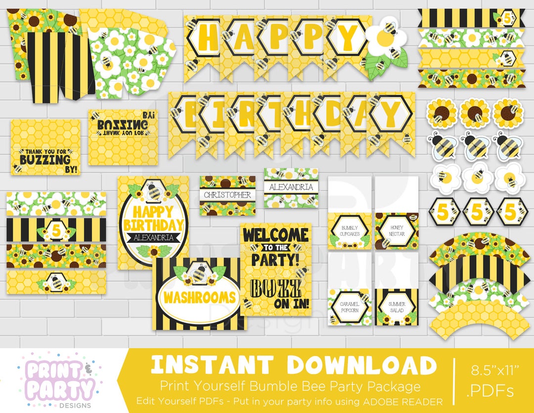 Printable Kid's Bumble Bee Birthday Party Decorations, Honey Bee ...