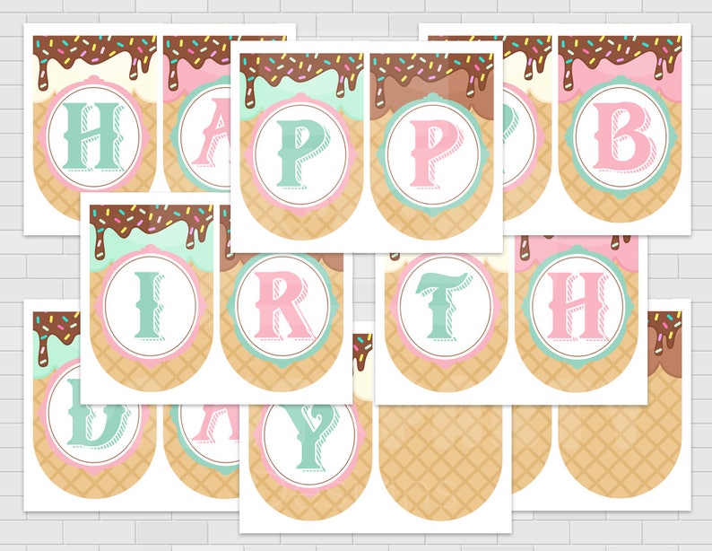 Printable Ice Cream Cone Happy Birthday Banner, Ice Cream Shoppe ...