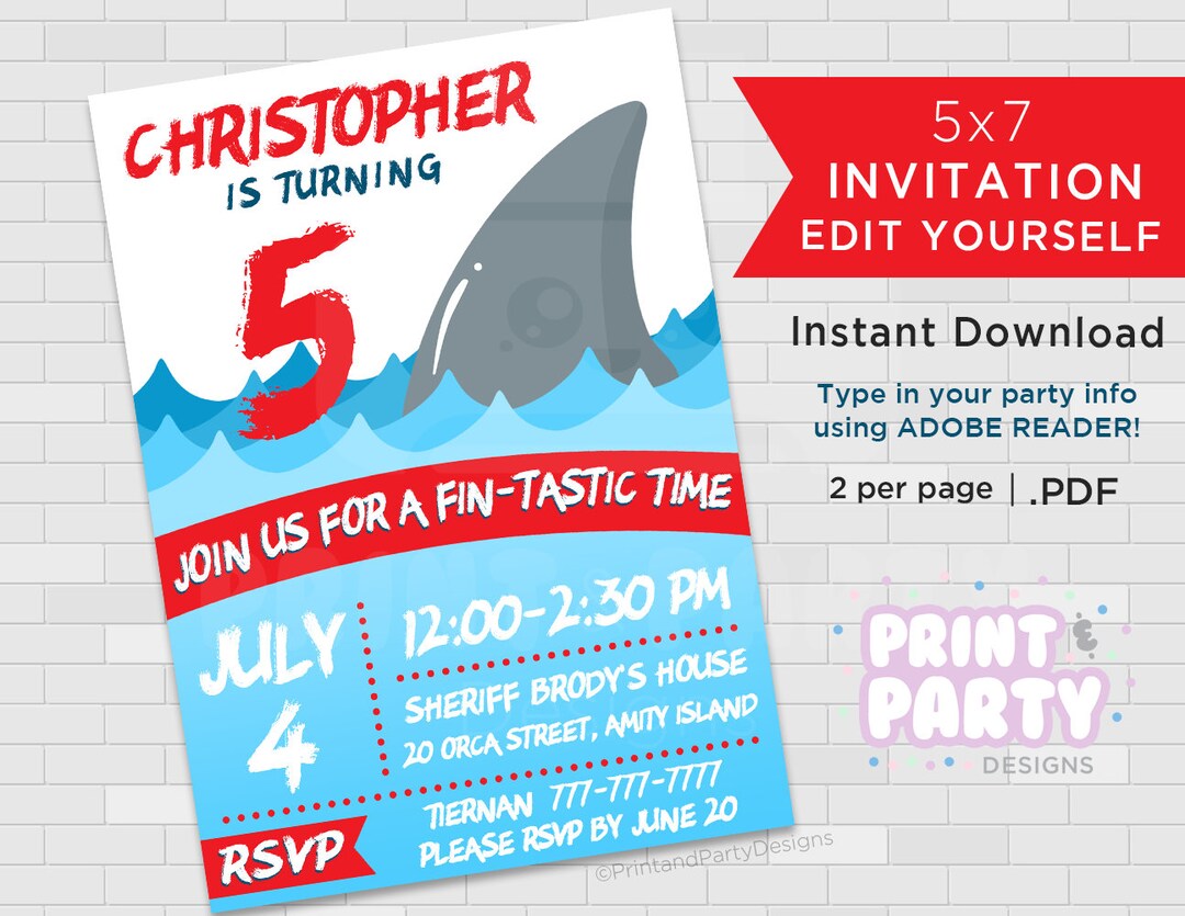 Printable Boy's Shark Birthday Party Invitations, Great White Shark ...