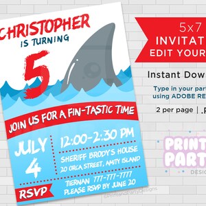 Printable Boy's Shark Birthday Party Invitations, Great White Shark ...