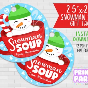 Printable Snowman Soup Christmas Party Favor Gift Tags, Holiday Party ...