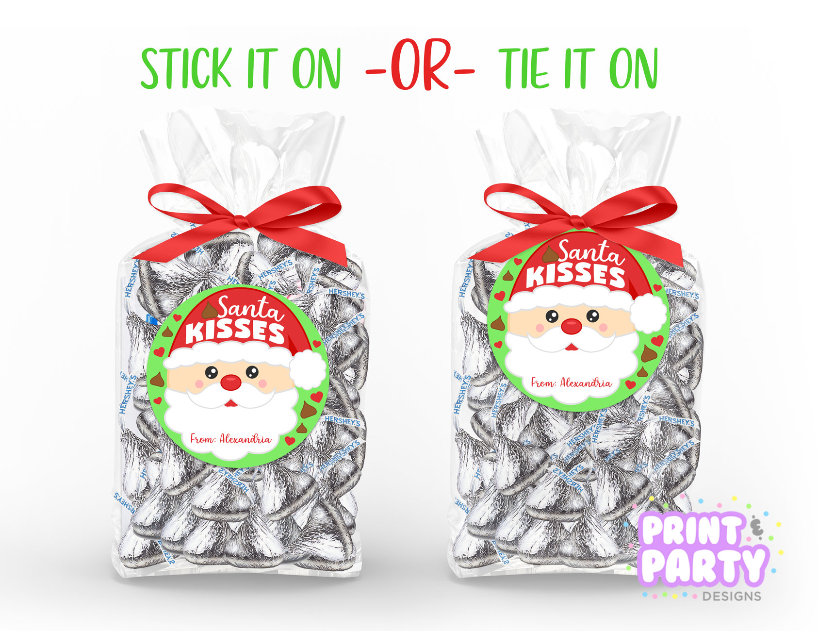 Printable Santa Kisses Christmas Party Favor Gift Tags, Holiday Party ...