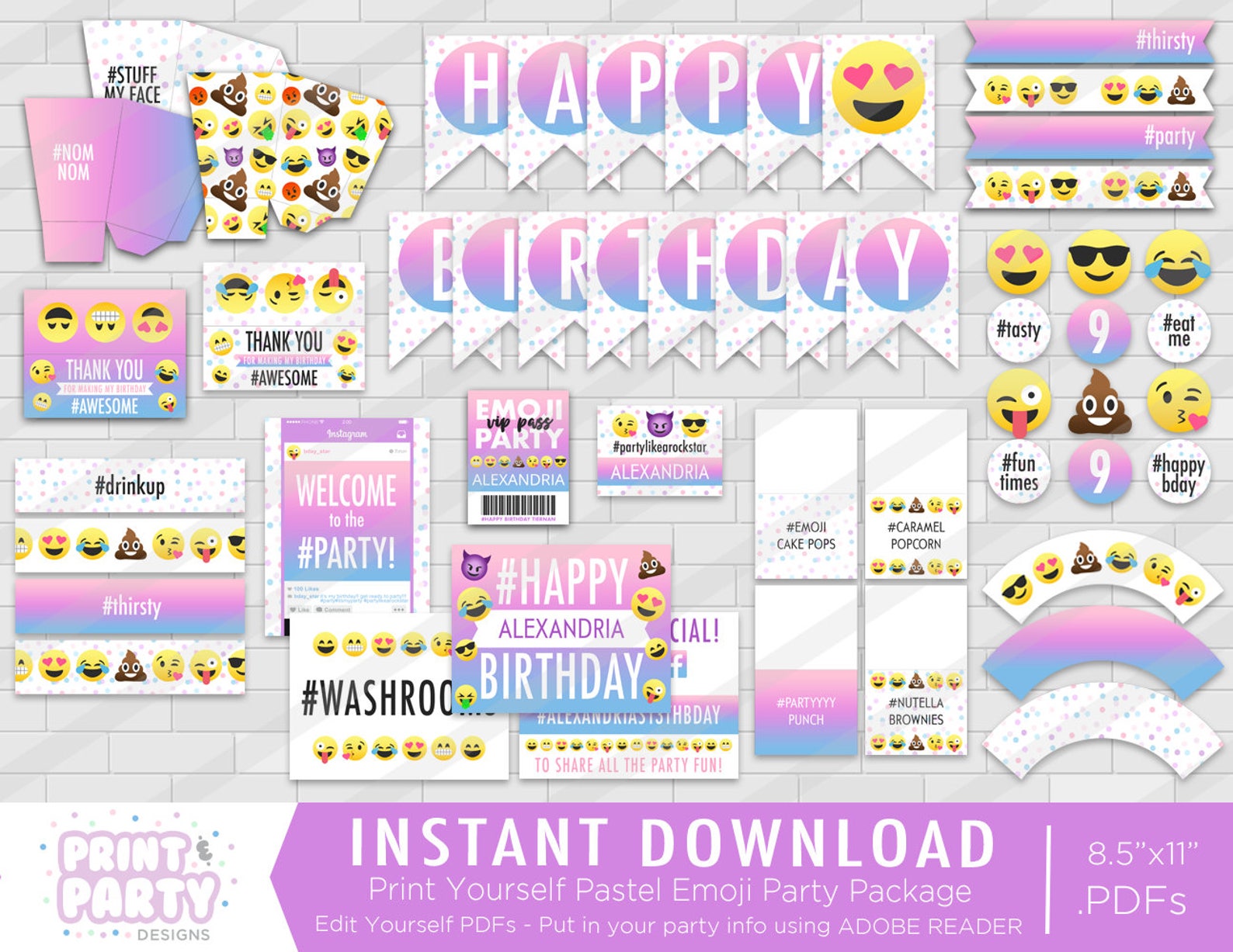 Printable Pastel Emoji Birthday Party Decor, Emoji Birthday Party Decor ...