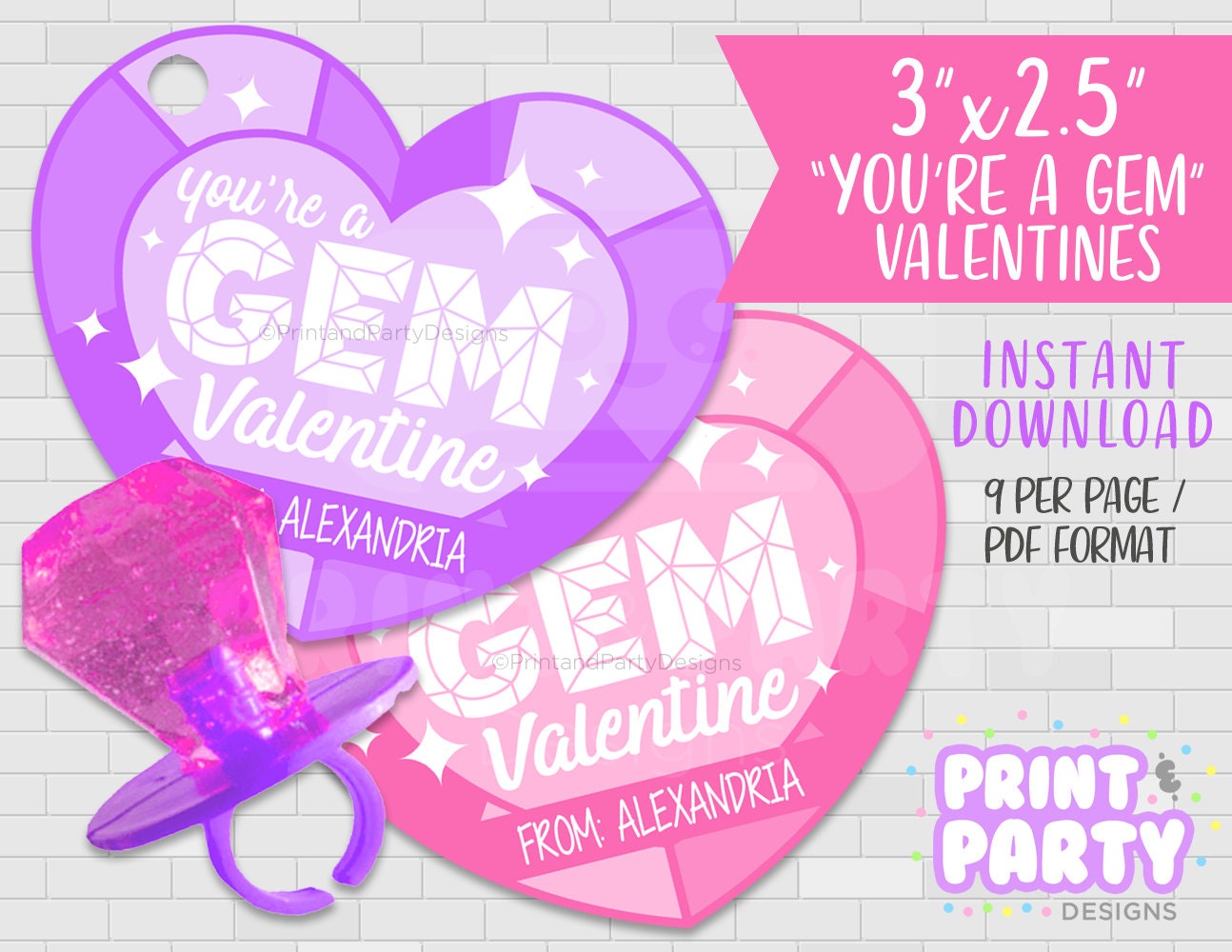 Printable Diamond You're a Gem Valentine Gift Tags, Ring Pop Valentine ...