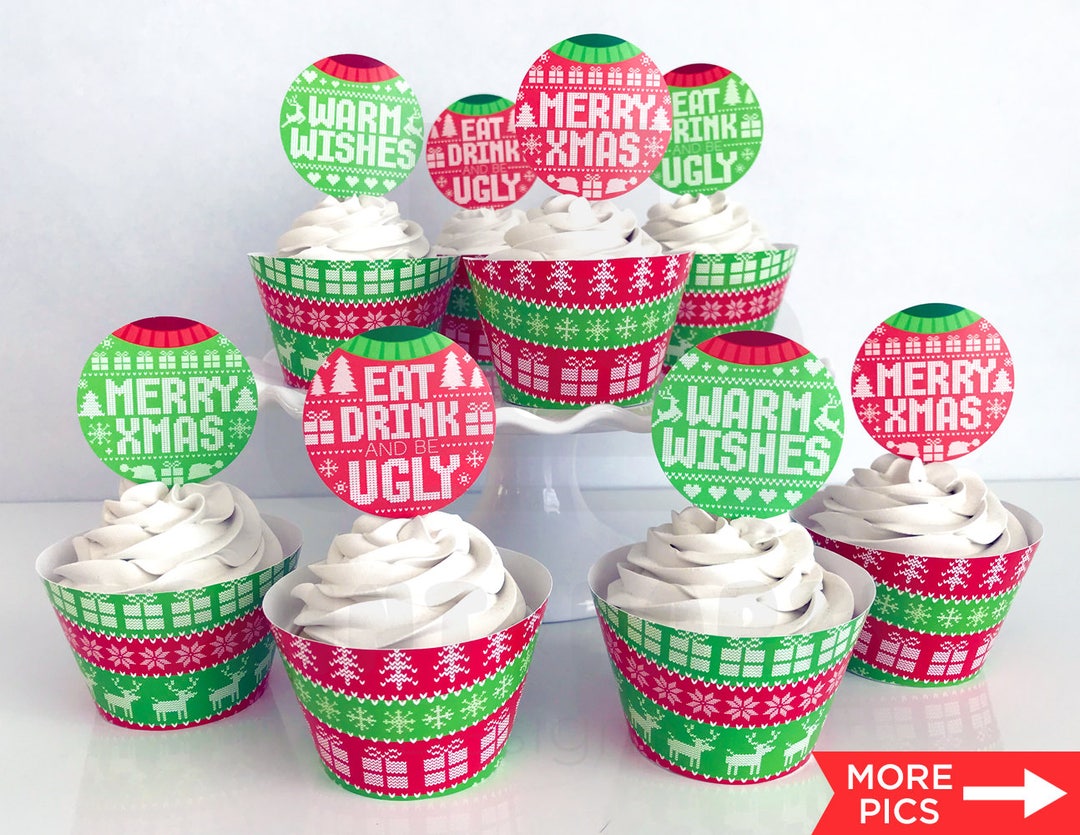 Printable Ugly Christmas Sweater Cupcake Toppers and Wrappers, Tacky ...