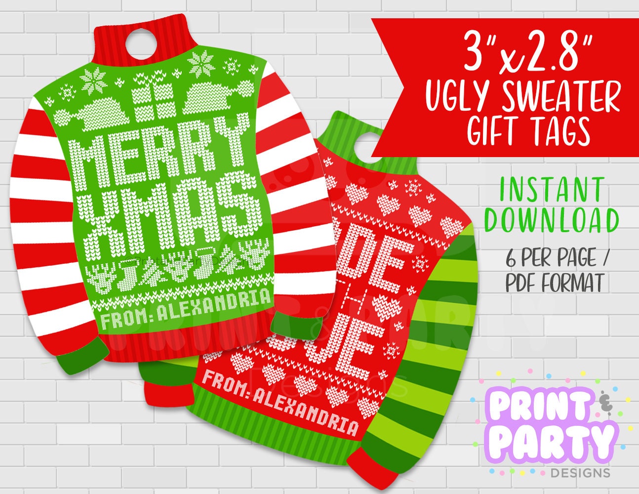 Printable Ugly Tacky Christmas Sweater Party Favor Gift Tags, Tacky ...