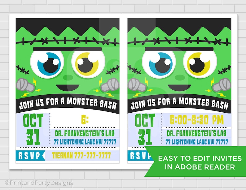 Printable Frankenstein Monster Halloween Party Invitations | Etsy