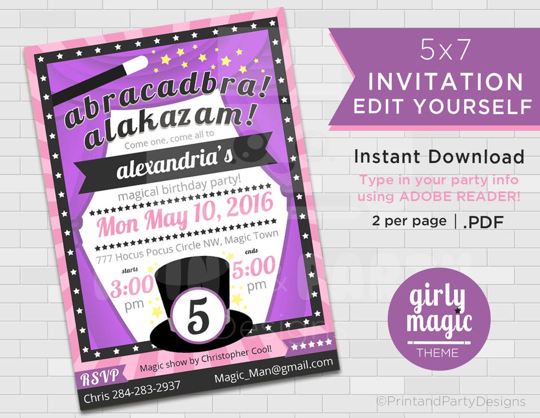 Printable 5x7 Magic Birthday Party Invitations, Magician Birthday Party ...