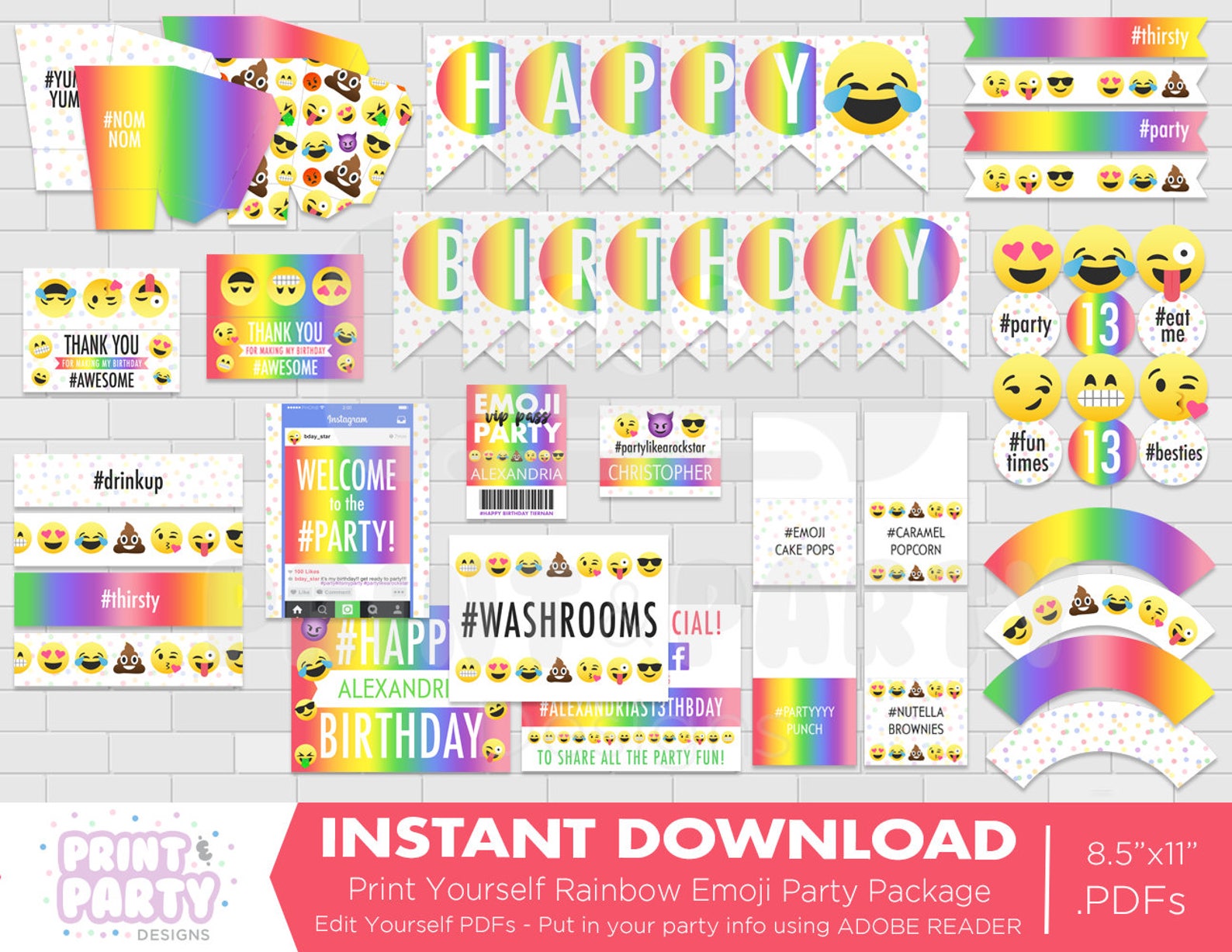Printable Rainbow Emoji Birthday Party Decorations Emoji Kids - Etsy