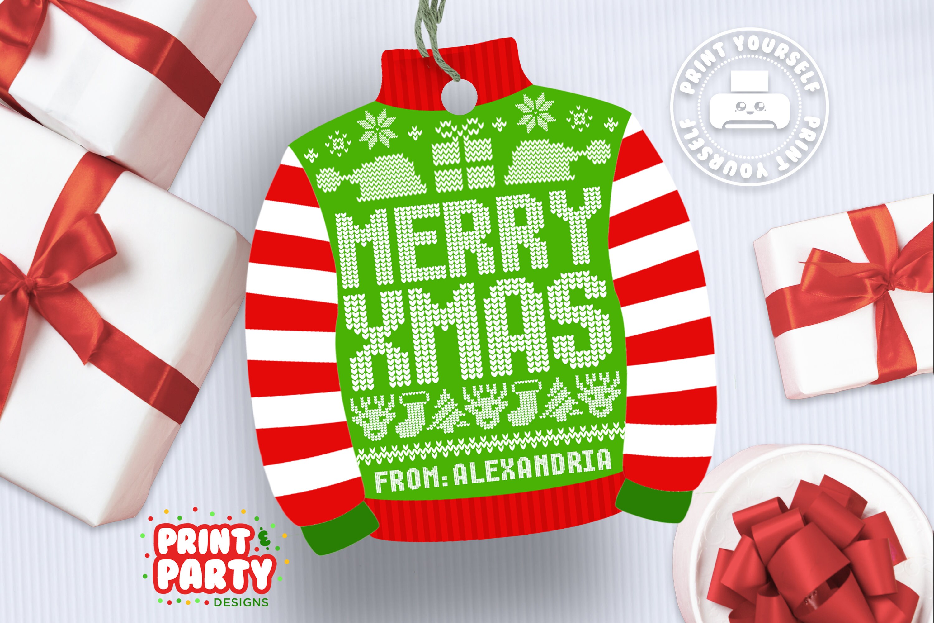 Printable Ugly Tacky Christmas Sweater Party Favor Gift Tags, Tacky ...