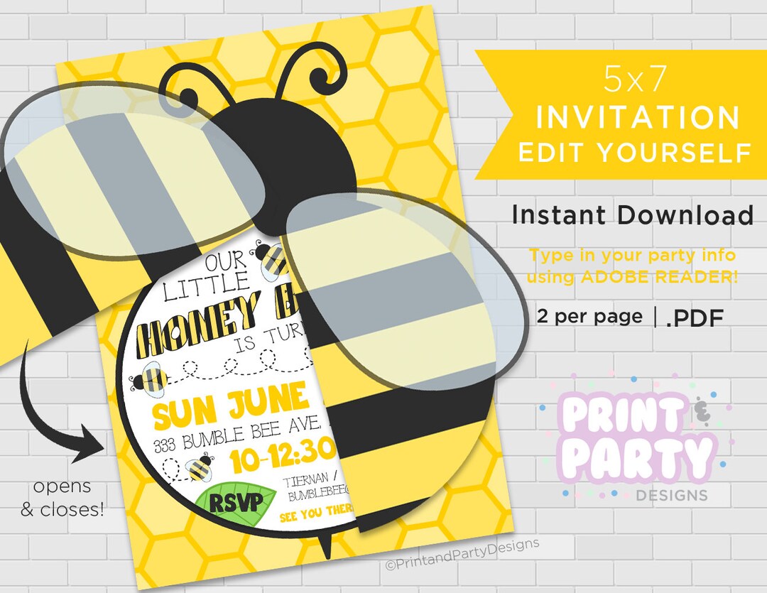 Printable Bumble Bee Birthday Party Invitations, Summer Honey Bee Party ...