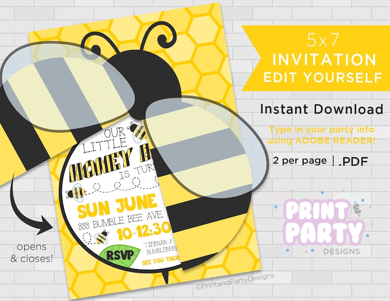 Printable Bumble Bee Birthday Party Invitations Summer Honey | Etsy