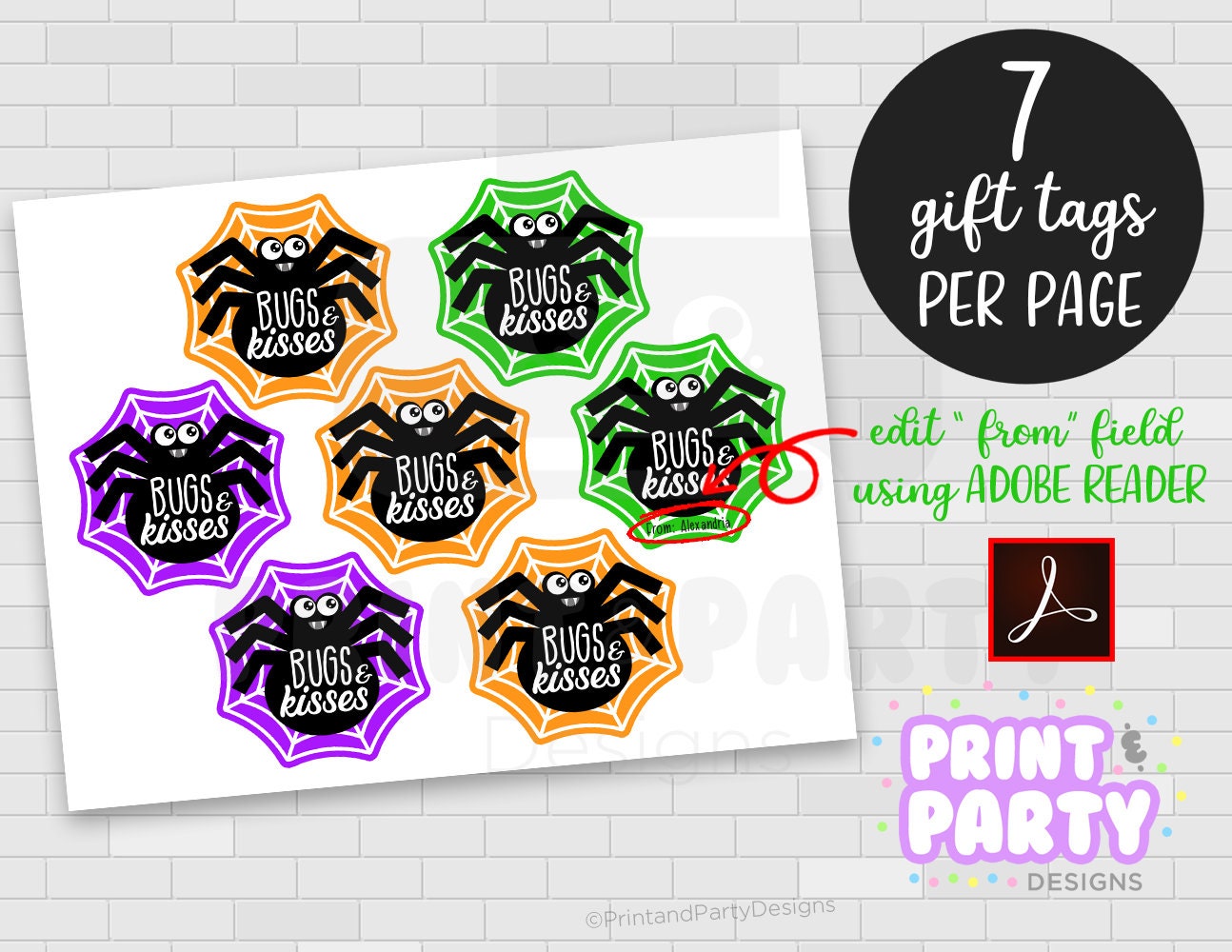 Printable Bugs and Kisses Halloween Party Favor Gift Tags, Spider ...