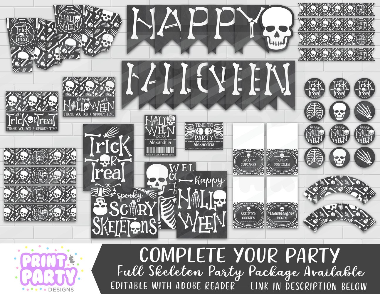 Printable Skeleton Skull Halloween Treat Bag Toppers Trick or | Etsy