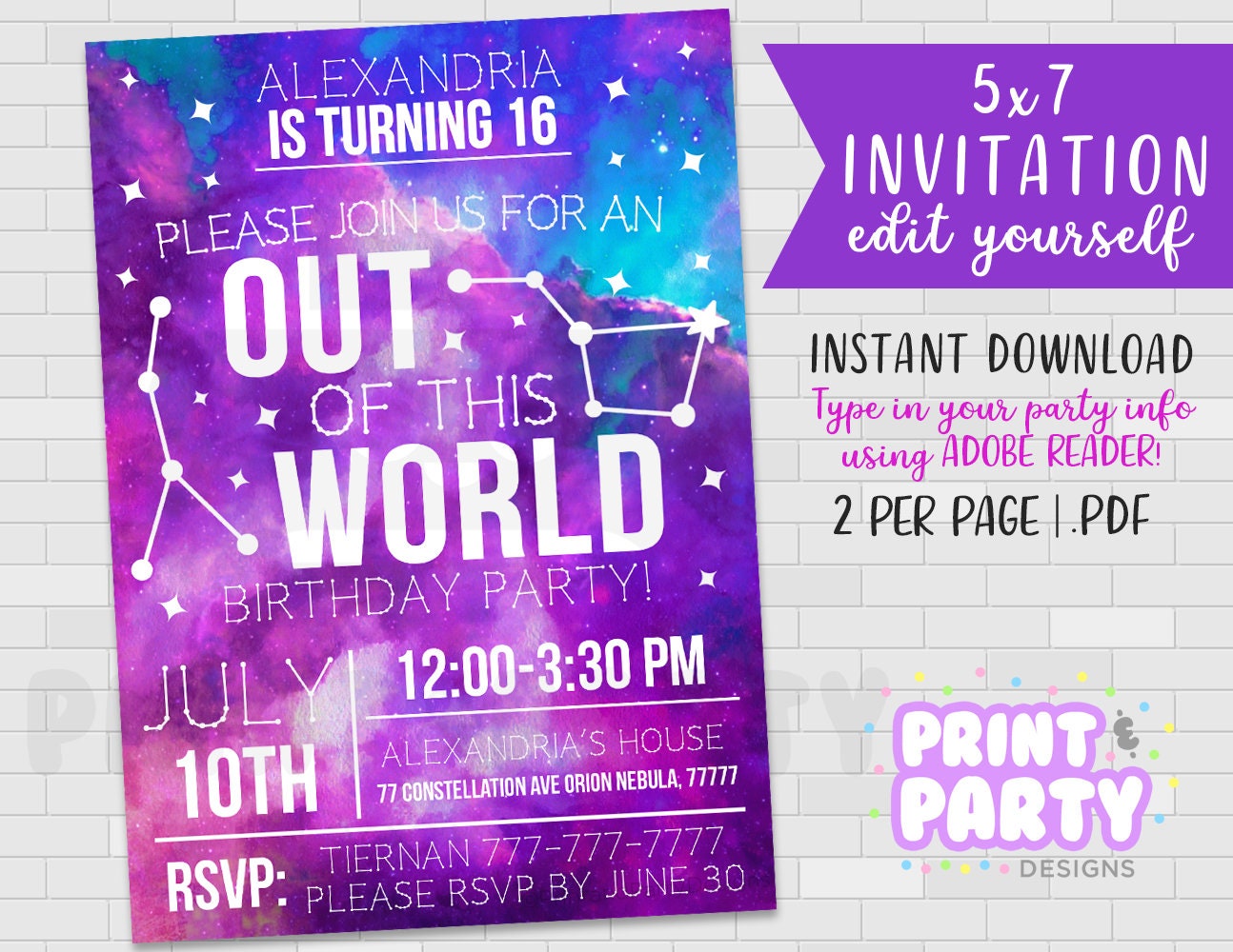 5x7 Printable Galaxy Nebula Birthday Party Invitation, Space Birthday ...