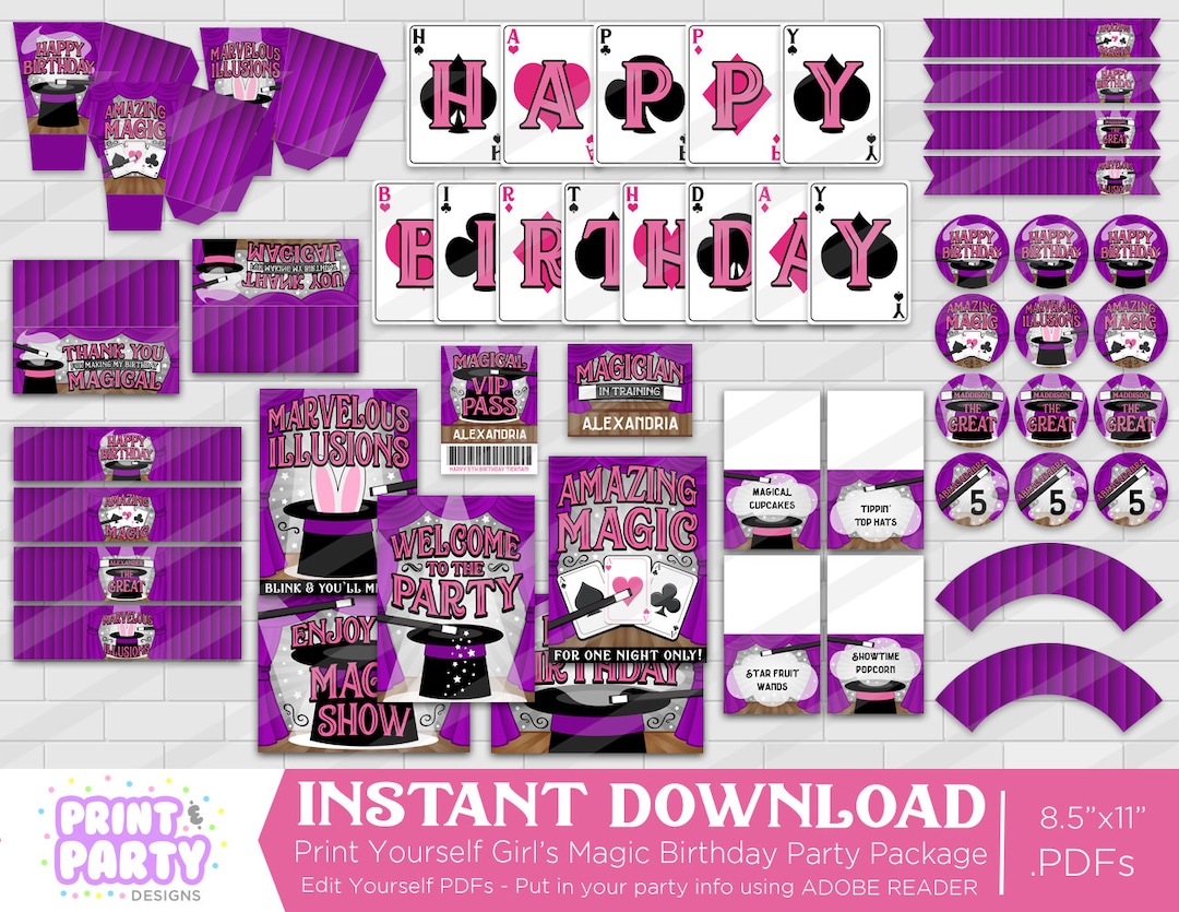 Printable Girl's Magic Show Birthday Party Decorations, Magician ...