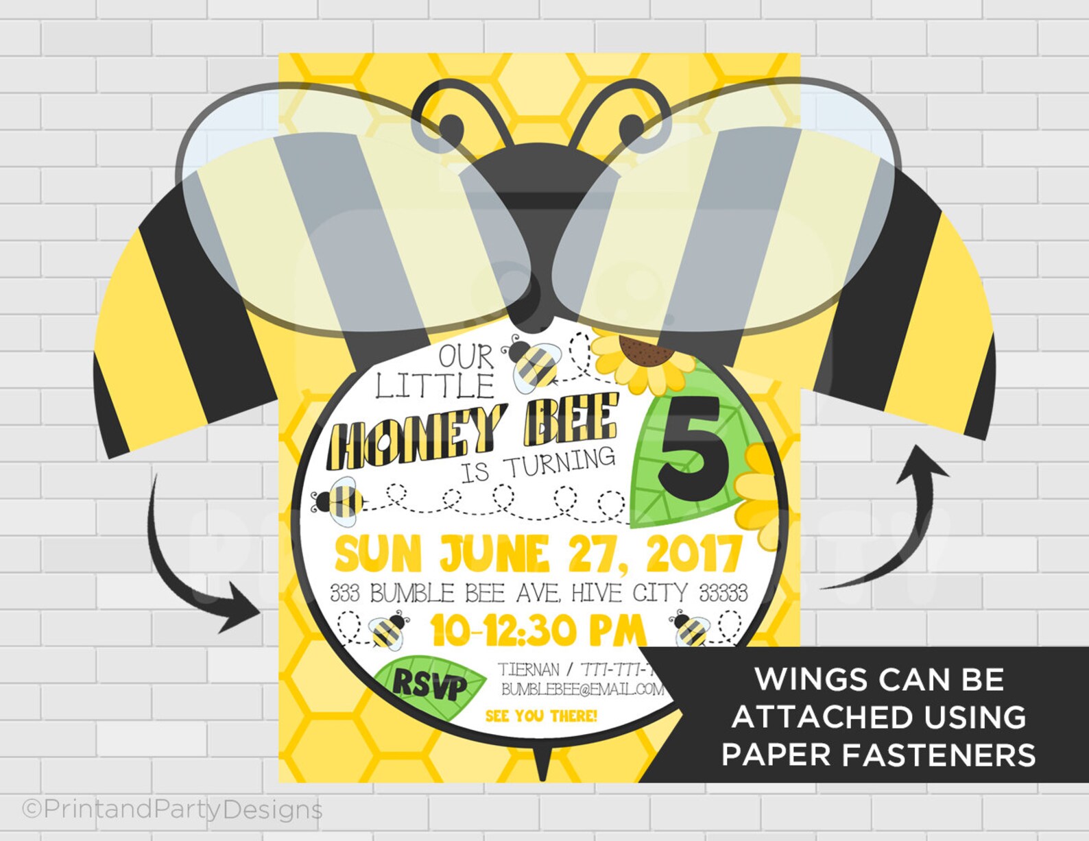 Printable Bumble Bee Birthday Party Invitations, Summer Honey Bee Party ...
