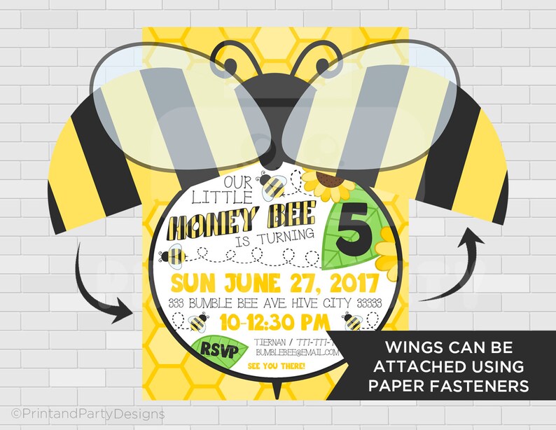 Printable Bumble Bee Birthday Party Invitations, Summer Honey Bee Party ...
