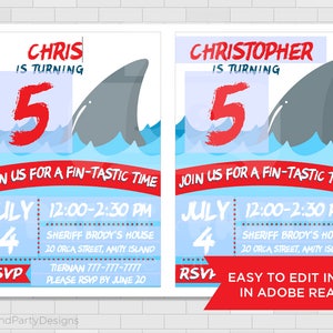 Printable Boy's Shark Birthday Party Invitations, Great White Shark ...