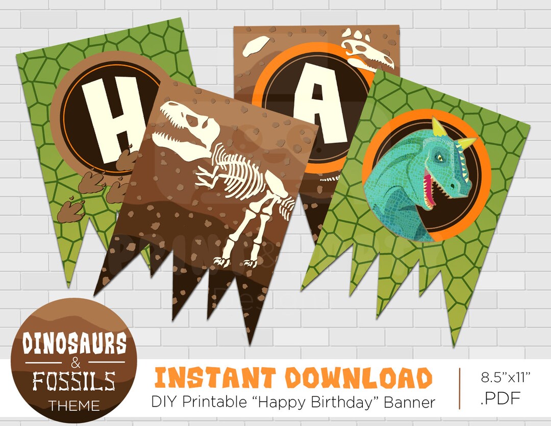 Dinosaur Fossils Happy Birthday Banner - Kids Dinosaur Birthday Party ...