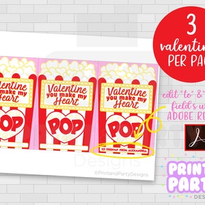 Printable You Make My Heart Pop Valentine's Day Cards for Kids, Popcorn ...