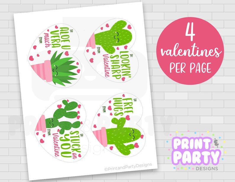 Printable Cactus Valentine's Day Cards for Kids, Succulent Valentines ...