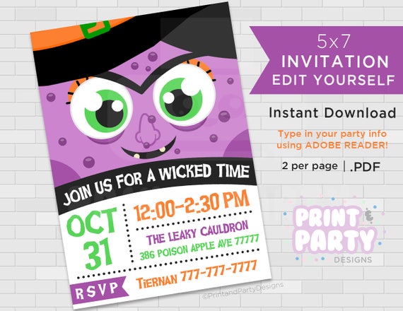 Printable Wicked Witch Halloween Party Invitations, 5x7 Halloween ...
