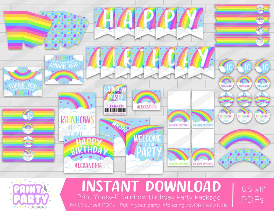 Printable Rainbow Birthday Party Decorations, Rainbow Birthday Party ...
