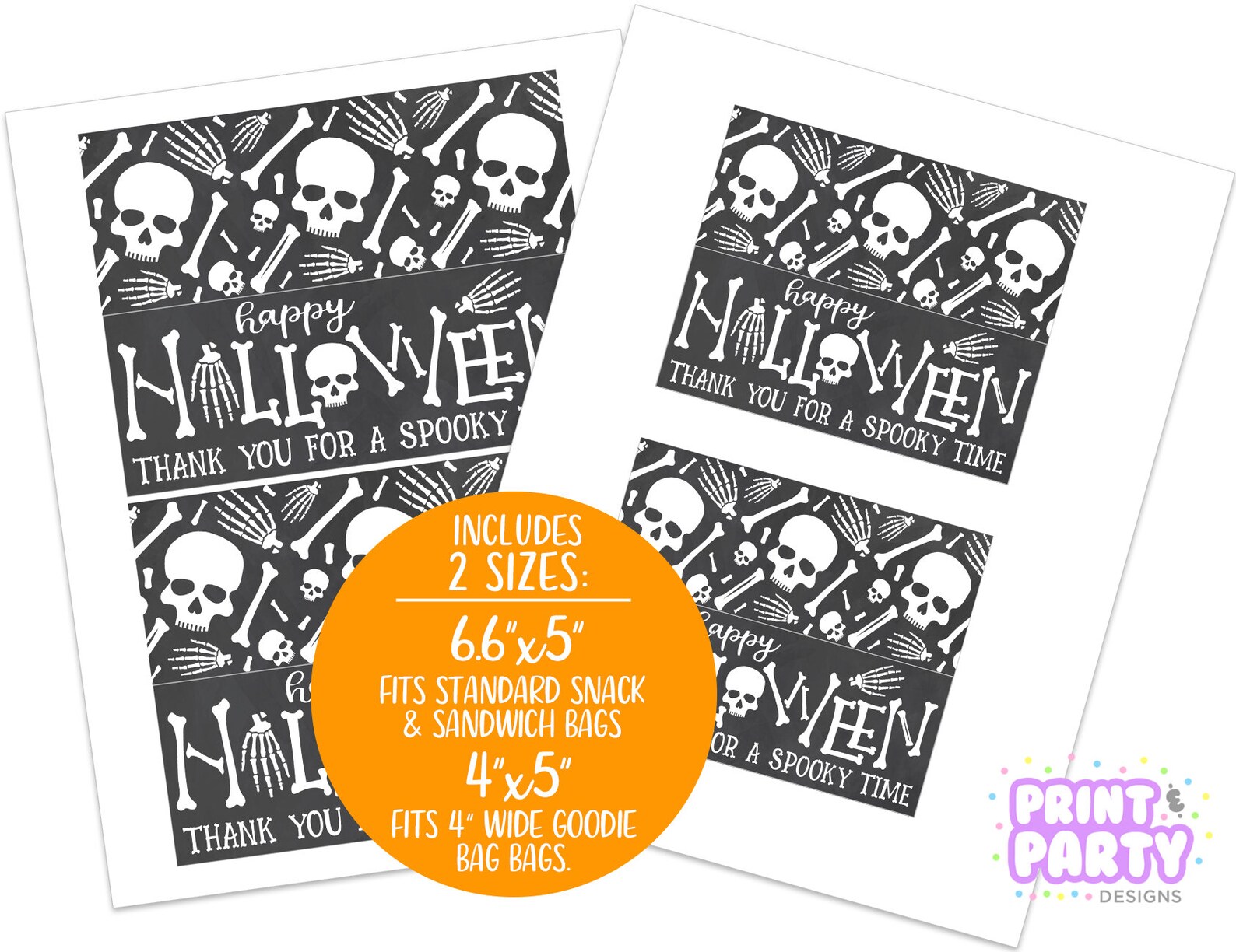 Printable Skeleton Skull Halloween Treat Bag Toppers Trick or | Etsy