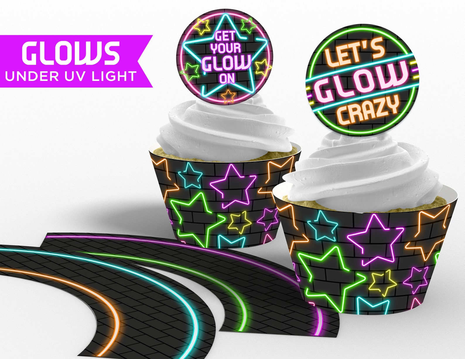 Printable Neon Glow Cupcake Toppers and Wrappers Blacklight - Etsy
