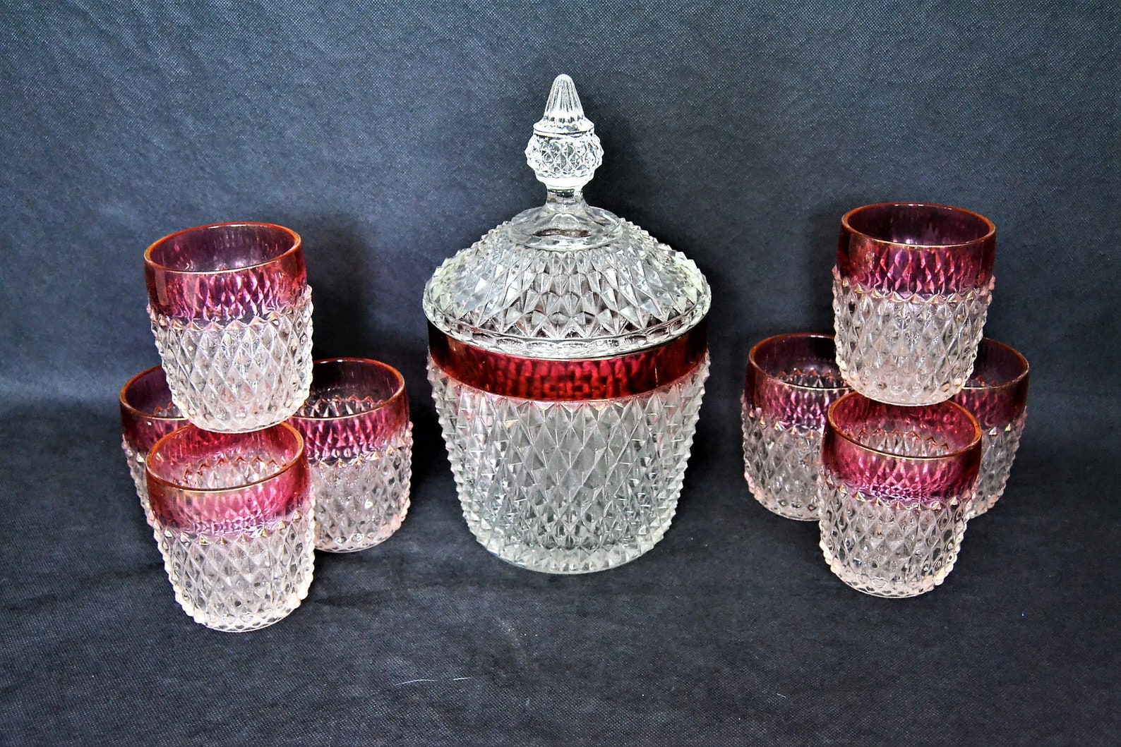 Diamond Point Ruby Flash Ice Bucket and Whiskey Glasses From - Etsy