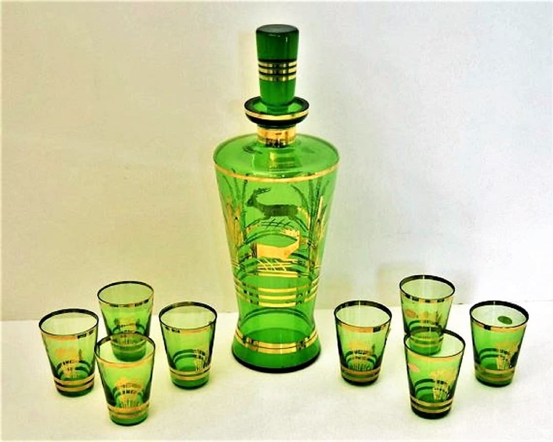 Green Bohemian Glass Decanter With Shot Glasses - Etsy